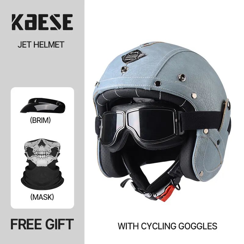 Винтажный кожаный шлем, мотоциклетный шлем с открытым лицом, в старинном стиле, черного L, Blue