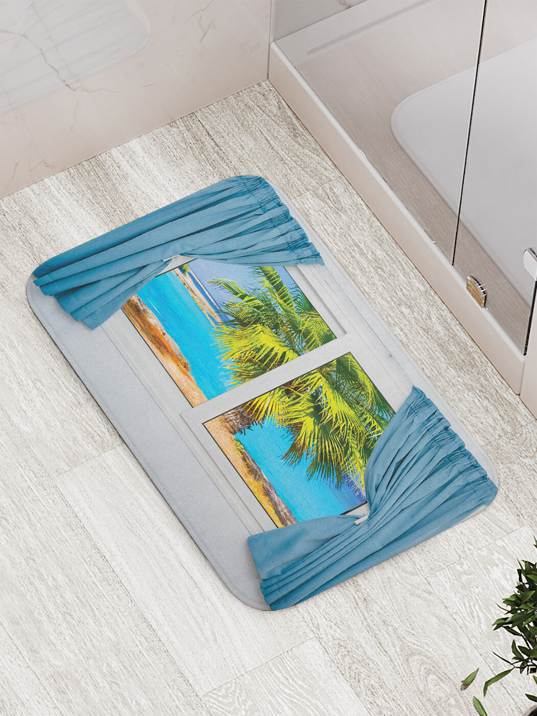 Коврик для ванной комнаты, туалета "Морская пальма за окном" противоскользящий, 52х77 см, JoyArty