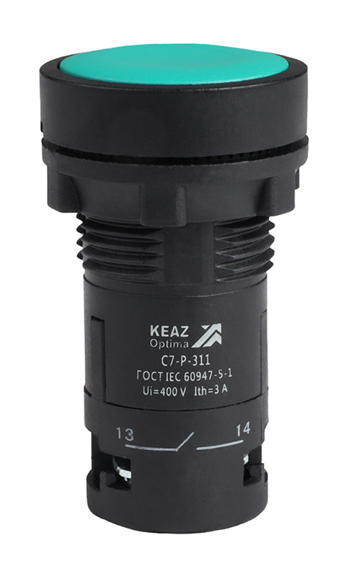 Кнопка управления КЭАЗ OptiSignal Compact D22 C7-P-311, зеленая, 1НО+1НЗ XB7NA35, IP40, 362044 / кнопочный пост