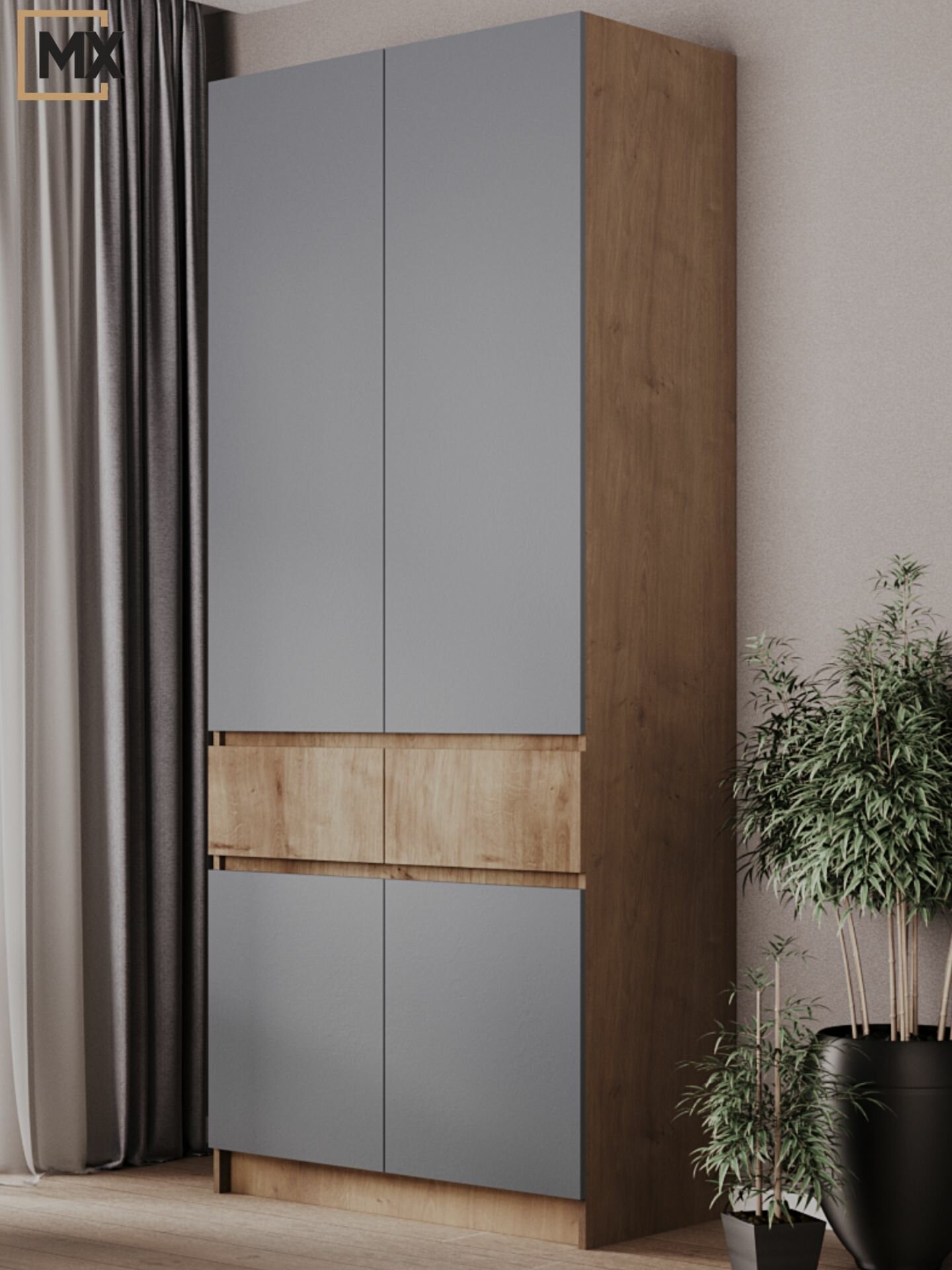 Шкаф распашной Артек(Бостон) Дуб Крафт Золотой/Антрацит ЛДСП, с ящиками, полками, штангой, для спальни, гостиной 1000х2364х490 мебельный РАЙ