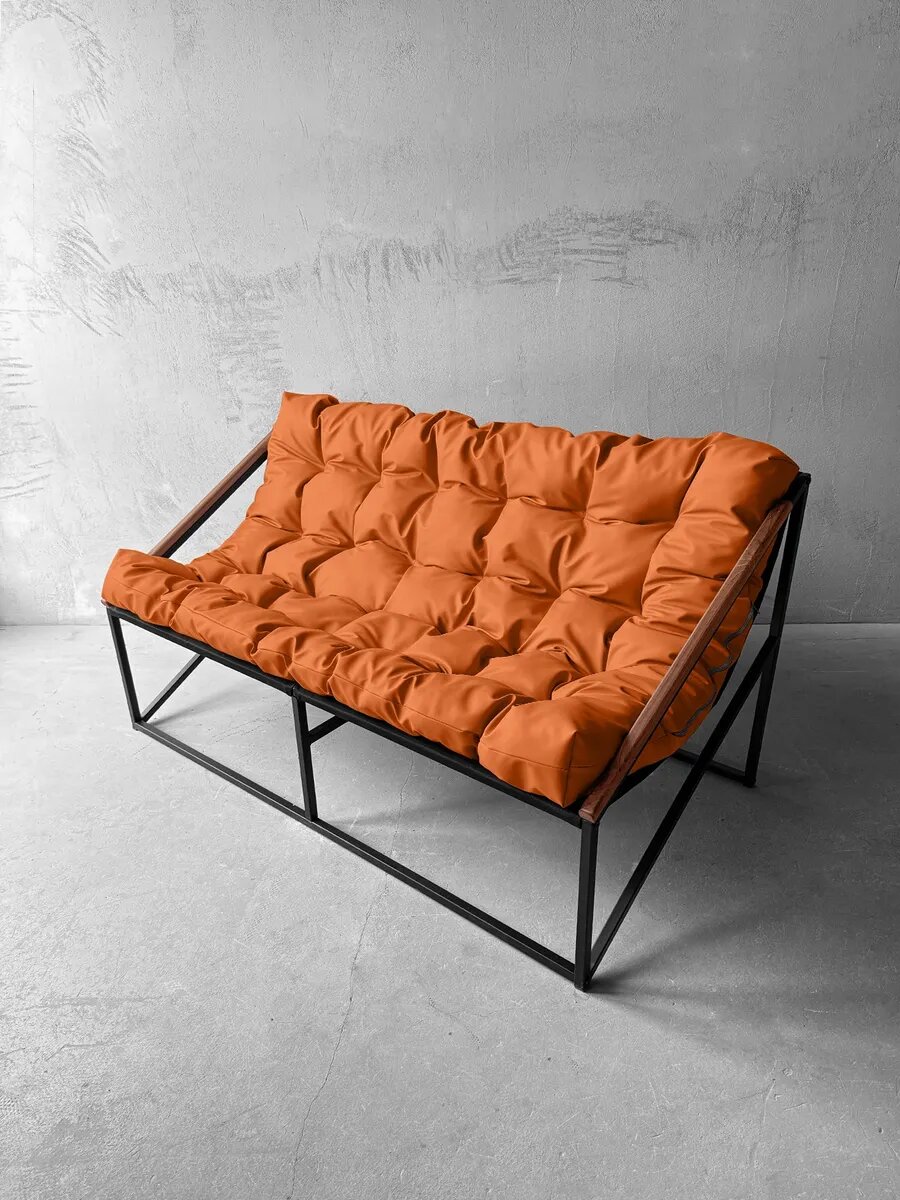 Диван лофт прямой, уличный, в офис, на балкон, на веранду, в гостинную, кухонный, минимализм, Слэш ++ кожзам оранжевый