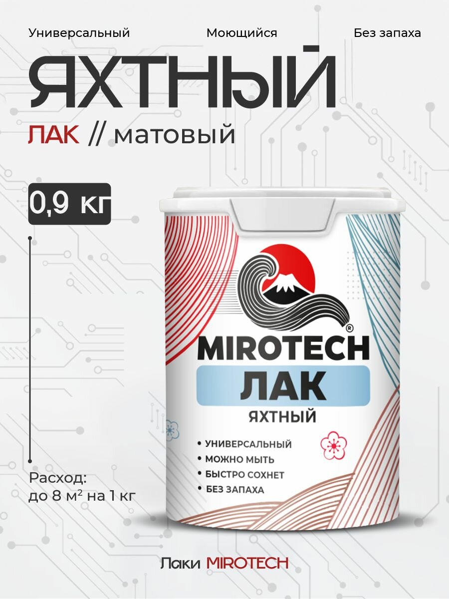 Яхтный лак MIROTECH для деревянных и минеральных поверхностей, универсальный быстросохнущий, моющийся без запаха, матовый, 0.9 кг