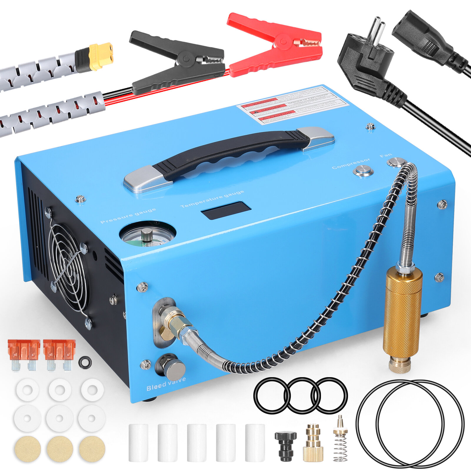 Электрический компрессор высокого давления 4500PSI с барометром, интеллектуальный портативный компрессор с автоматическим отключением, наружный компрессор с цифровым дисплеем LCD, температура, EU-plug, US-plug (optional), max. 300bar/4500psi/30MPa, max.