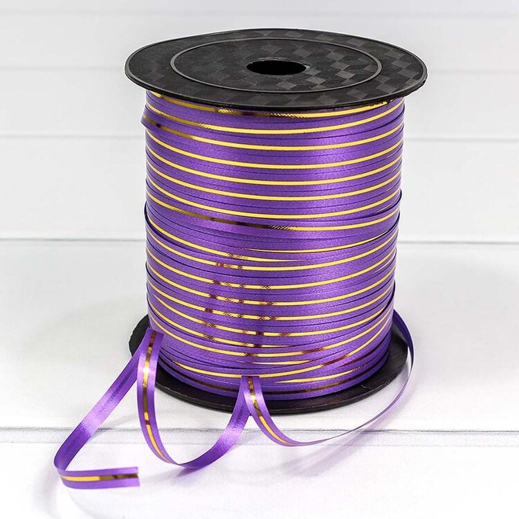 Лента декоративная КНР ширина 5 мм, длина 228 м, 250 ярд, сиреневая с золотистой полосой