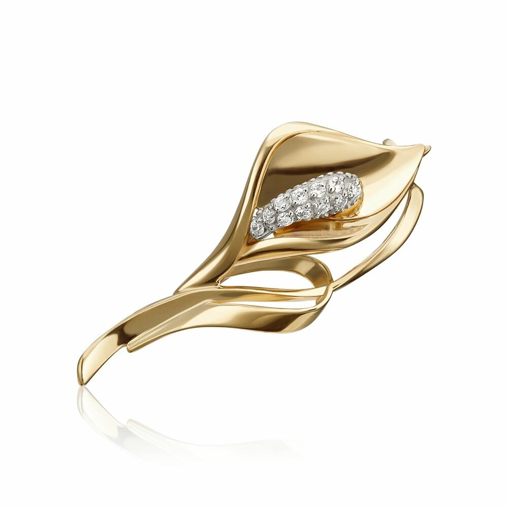 Брошь, желтое золото, 585 проба, фианит