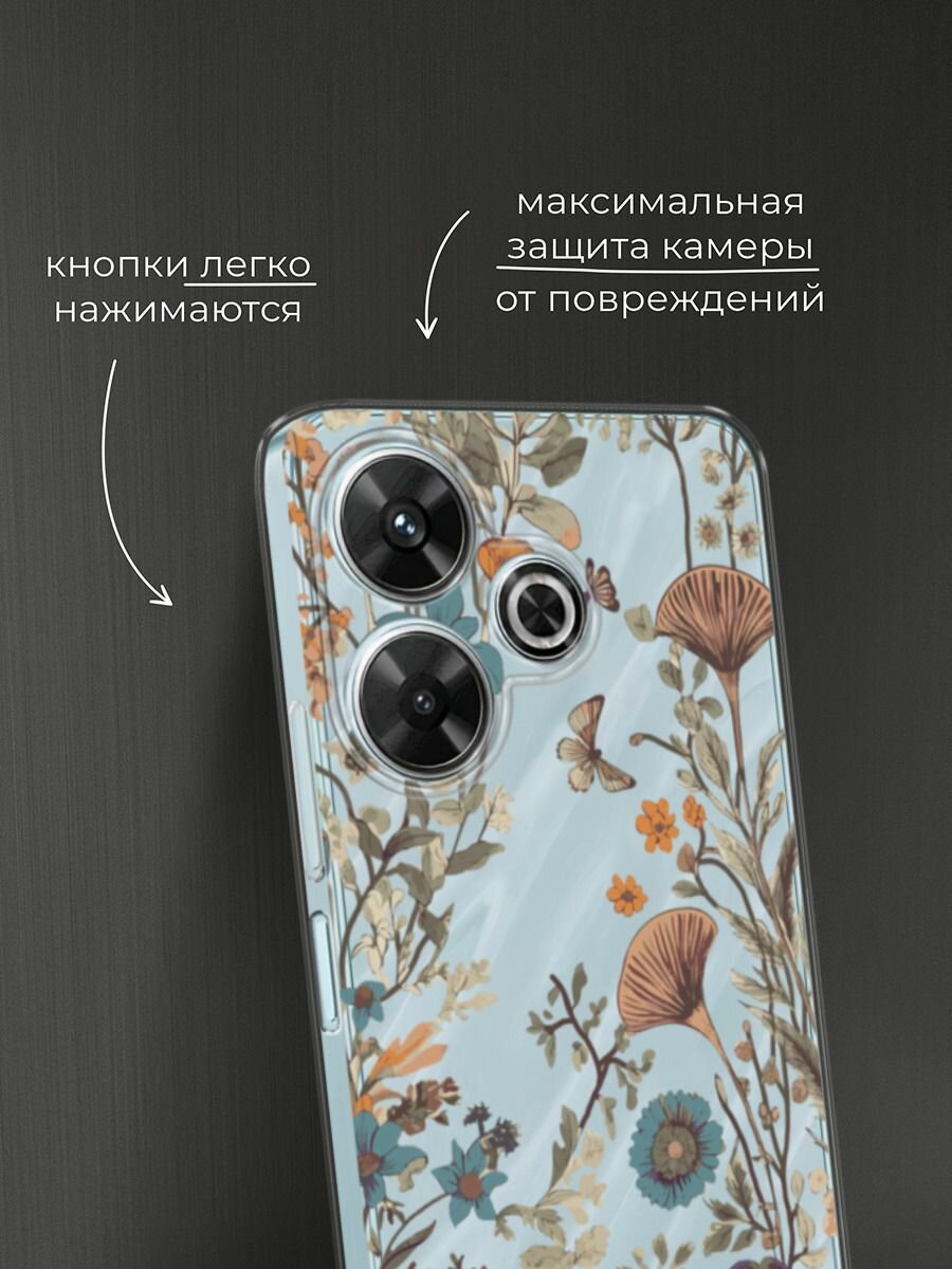 Чехол на Сяоми Редми Ноут 13R/Редми 13/Поко М6 4G/M6 Плюс с принтом Сухоцветы и бабочка — фото 1