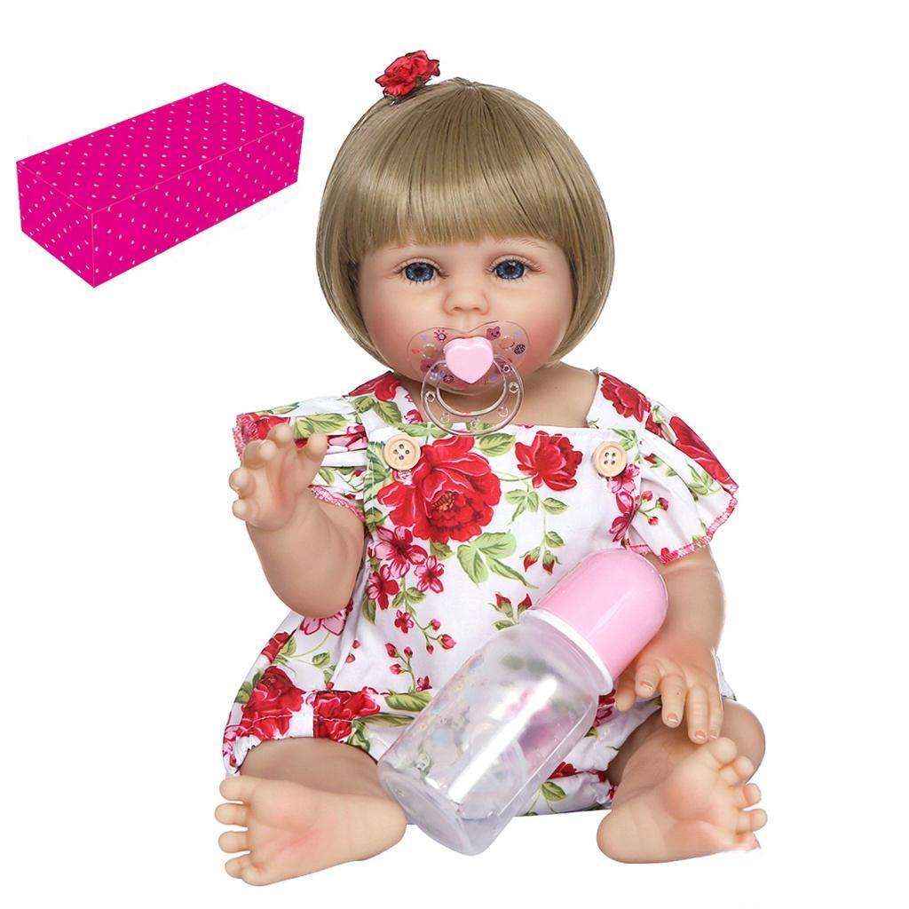 Реборн Бэби Кукла Силикон Полное Тело 19 дюймов Реалистичная Милая Кукла для Купания Блондинка Голубые Глаза Кукла Девочка Прекрасное Цветочное Платье