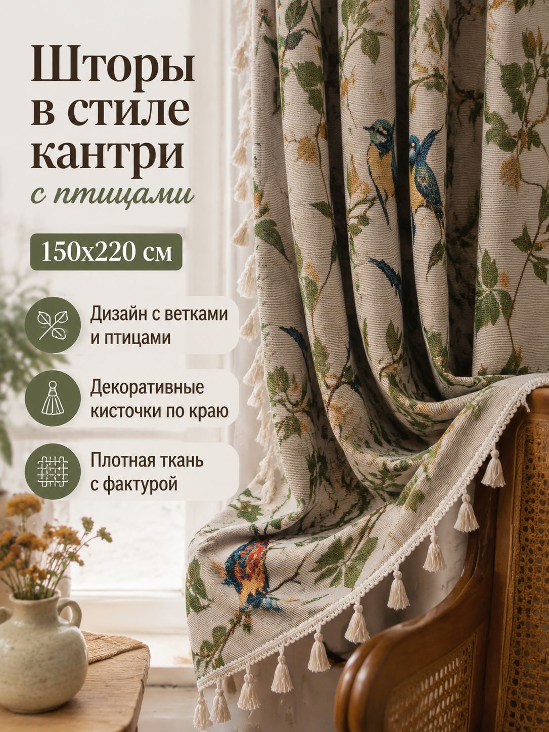 Занавеска в американском кантри-стиле с принтом веток и птиц, 150 220 см, полупрозрачная, полиэстер