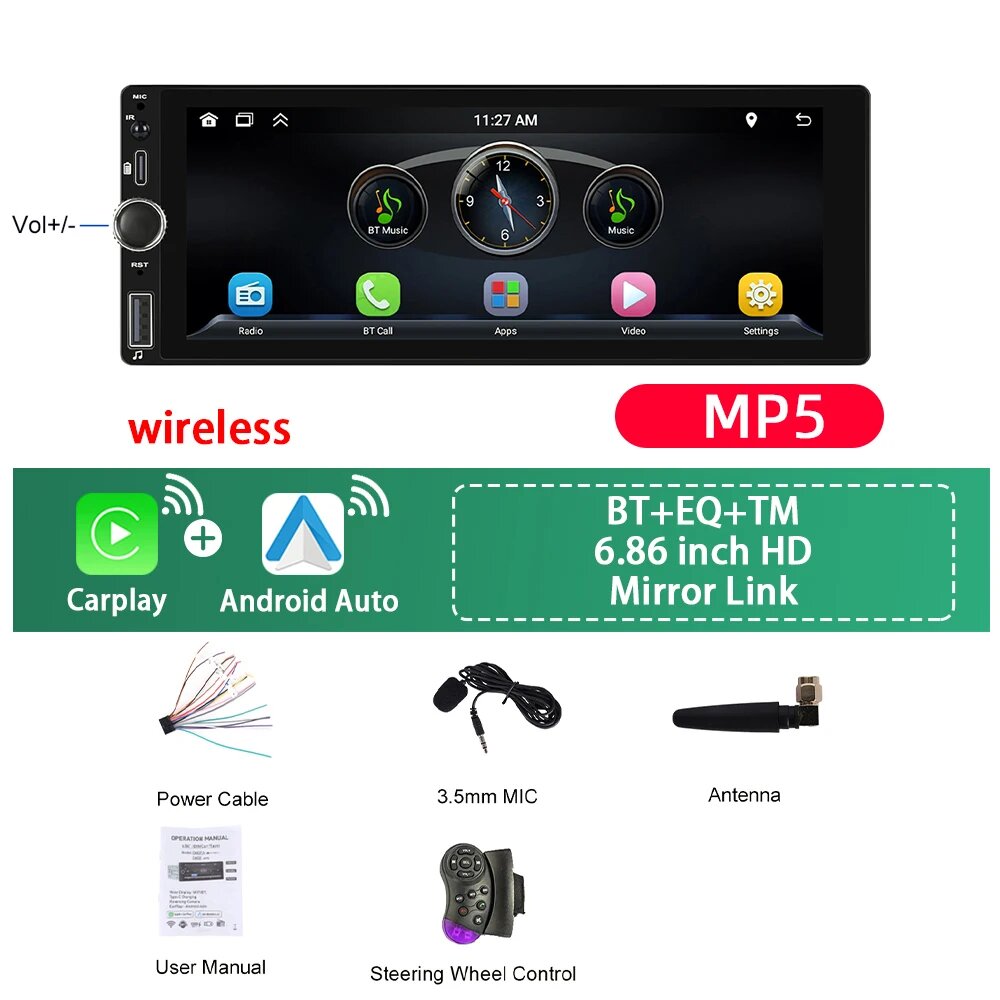 Автомагнитола Podofo 1 Din, Android, Carplay, MP5/2 + 64 ГБ, Bluetooth, 6,86 дюйма Carplay MP5 Knob
