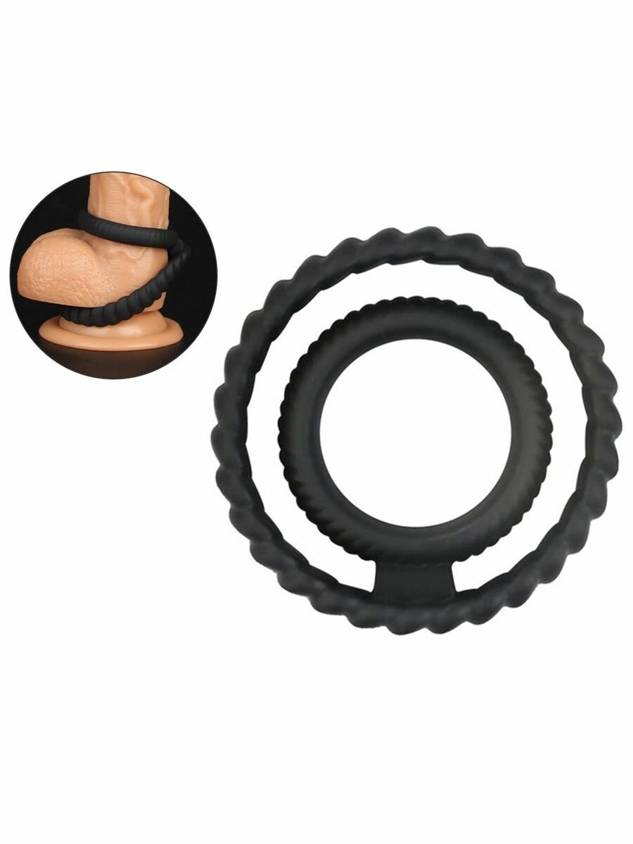 Двойное эластичное силиконое эрекционное кольцо для пениса и мошонки "BLACK SILICONE COCK RING AND BALL STRAP" 4.5см