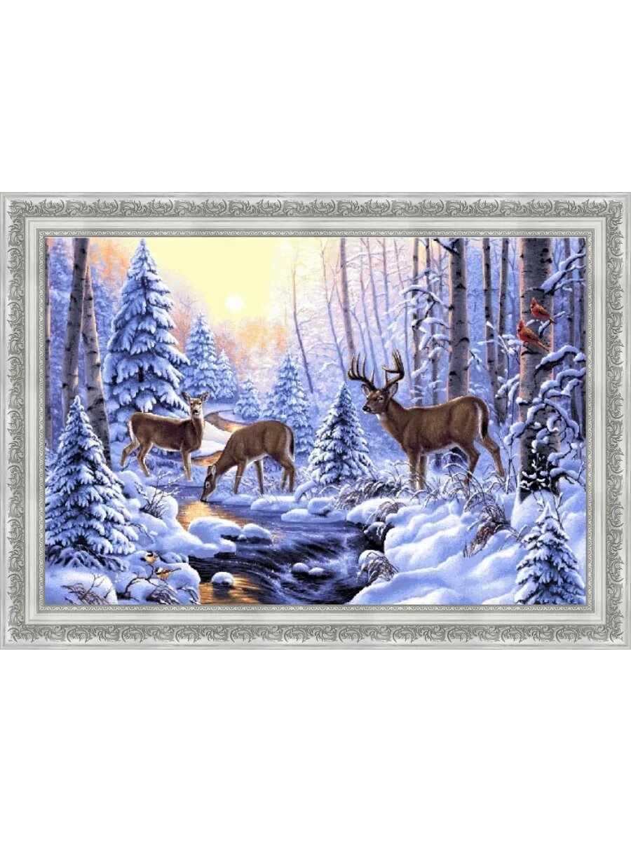 Гобелен в раме. Костромской заповедник олени. 42х64 см