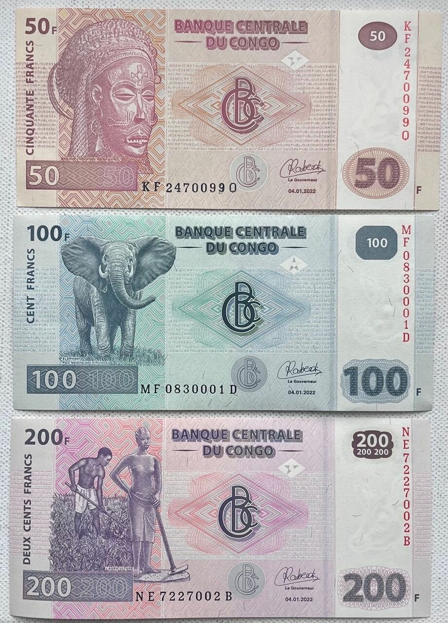 Конго набор 50, 100 , 200 франков 2022 года UNC