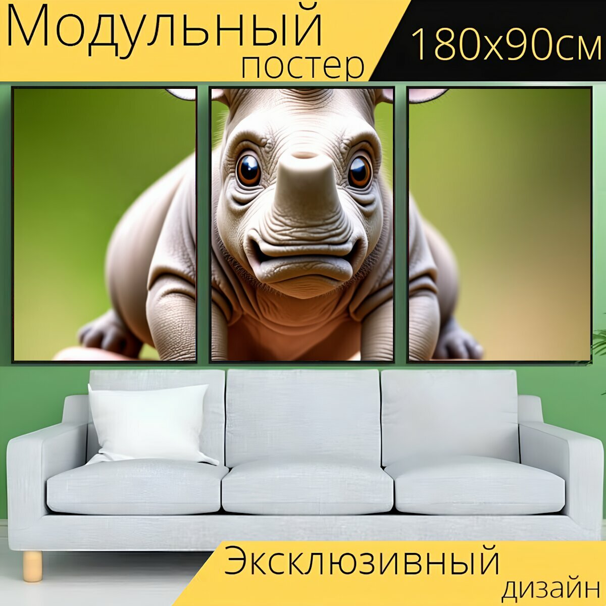Модульный постер "Милый детеныш носорога с коротким рогом, сидящий на пальце человека, с большими выразительными глазами и ушами. Фон." 180 x 90 см. для интерьера на стену в тубусе