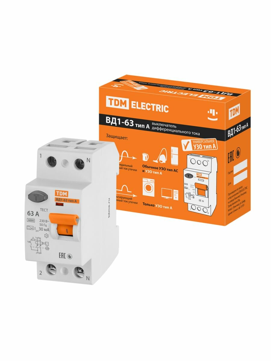 Устройство защитного отключения ВД1-63 2Р 63А 30мА тип А TDM