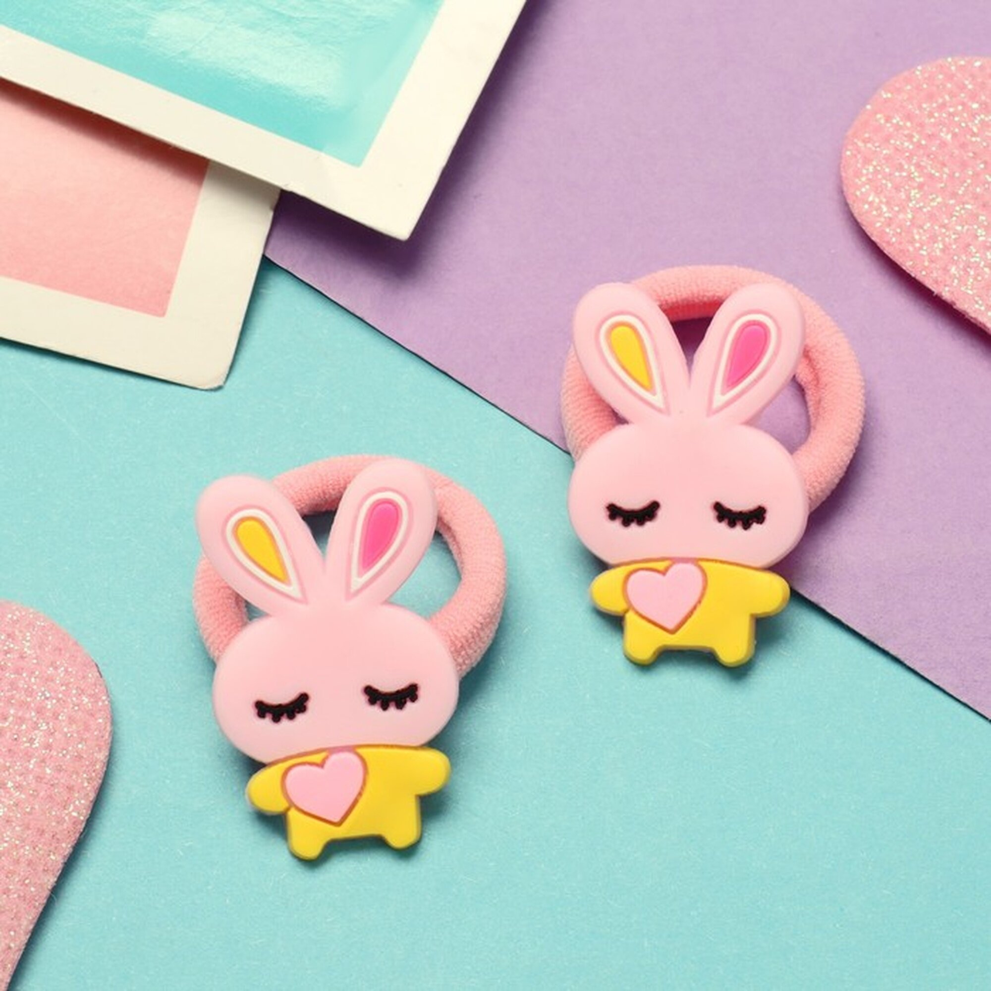 Резинки для волос «Крошка», набор 2 шт, зайка, 3 см, розовые