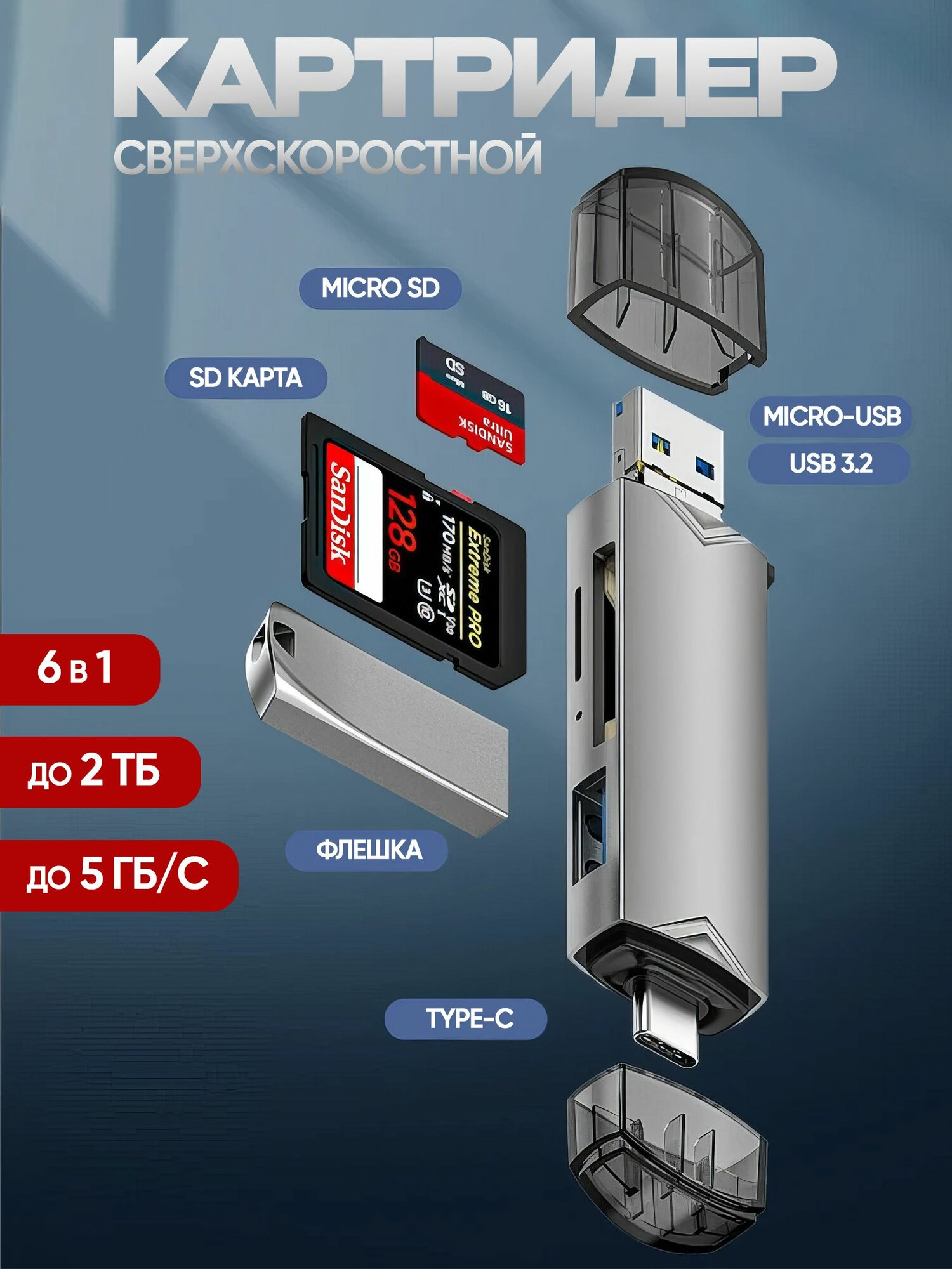Картридер универсальный 6 в 1; USB 3.0 адаптер для карт MicroSD; переходник Type-C, Usb hub