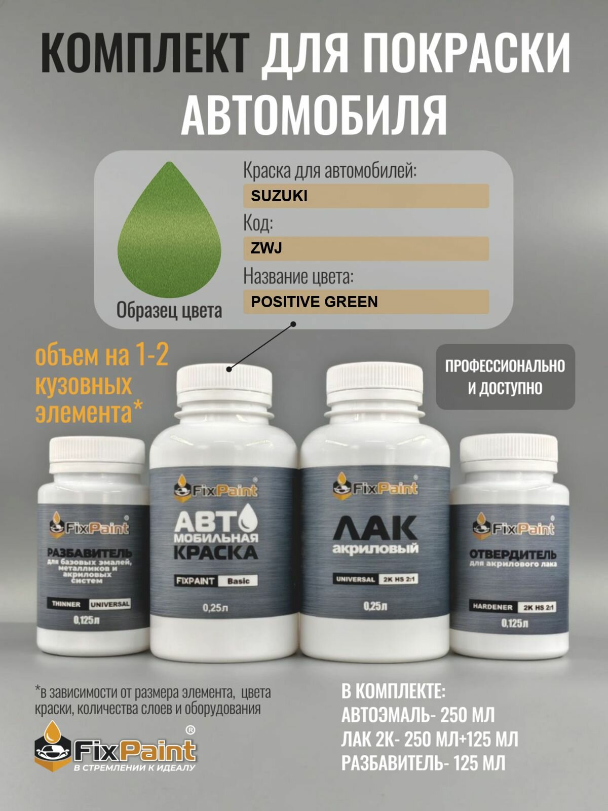 Комплект для покраски SUZUKI, код ZWJ, POSITIVE GREEN, базовая автомобильная краска 250 мл, лак 2K 250 мл с отвердителем, разбавитель 125 мл, FixPaint Pro