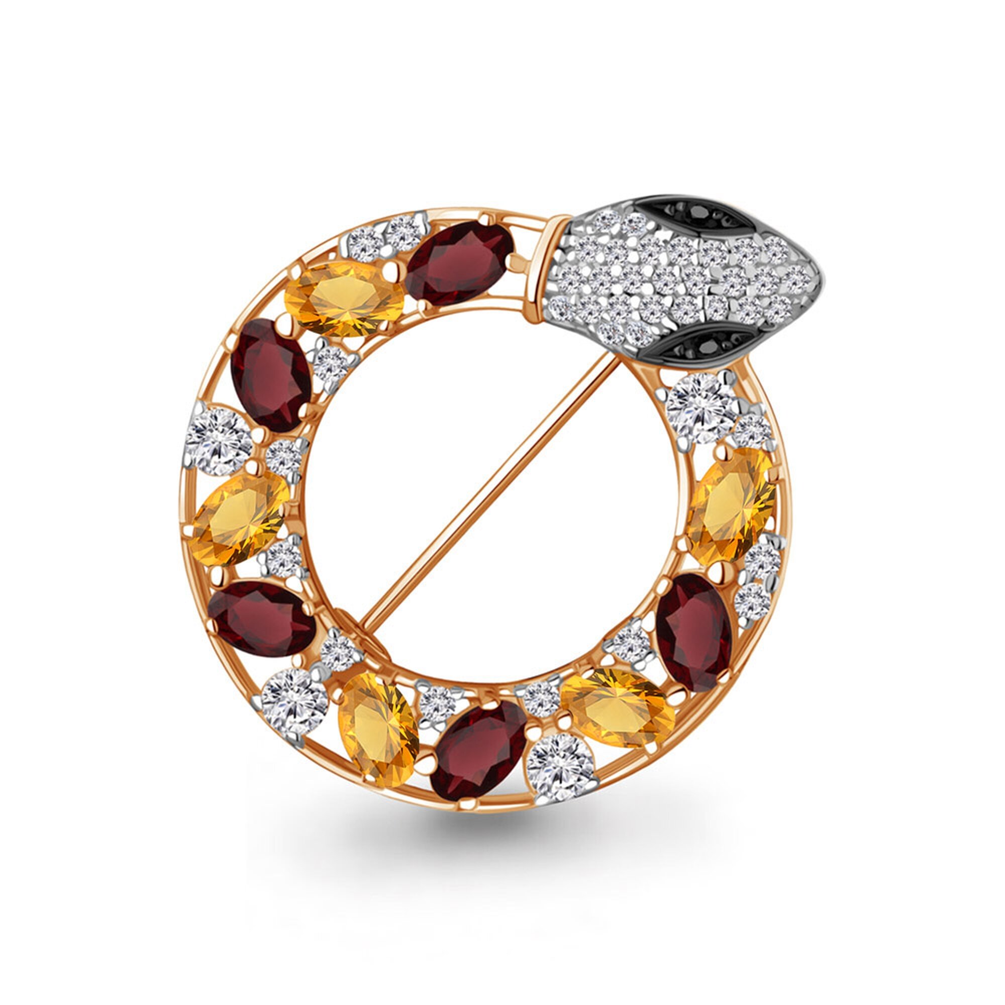 Брошь, серебро, 925 проба, золочение, гранат, цитрин, фианит, кристалл