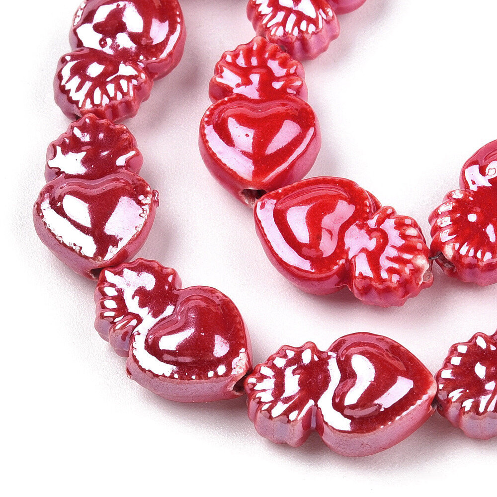 Бусина фарфоровая, 16х10.5х6мм, мексиканское сердце, красное с жемчужным отливом, 5 шт.