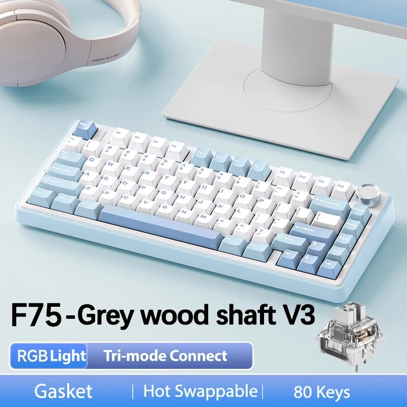 Механическая клавиатура AULA F75 Grey wood shaft V3 Sea Salt Blue