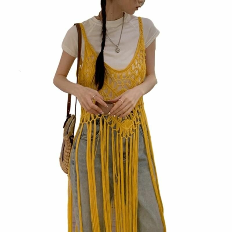 Женский вязаный топ без рукавов с вырезами, Желтый