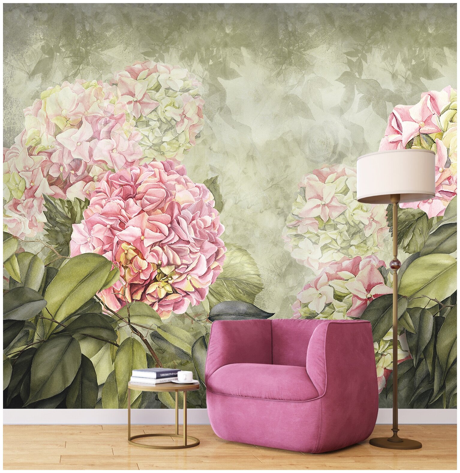 Фотообои Флизелиновые с виниловым покрытием 3д Цветы гортензии 300х270 см , обои на стену