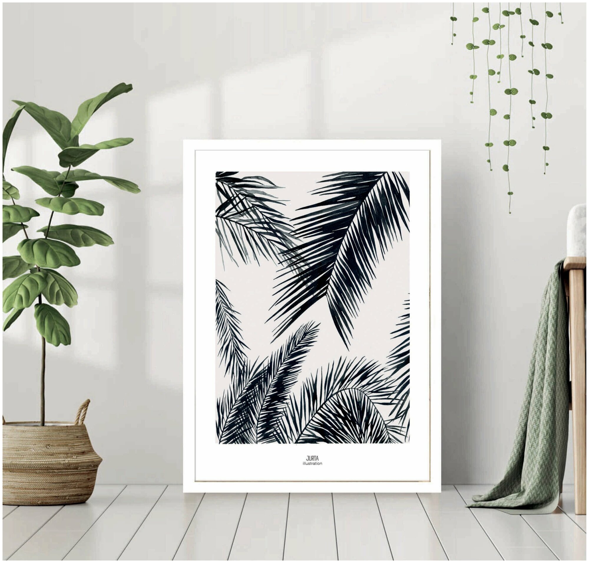Постер "Листья пальмы, монохром" 40x50 в белой рамке на стену для интерьера