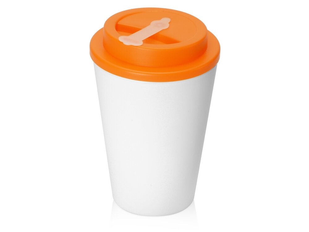 Пластиковый стакан "Take away" с двойными стенками и крышкой с силиконовым клапаном, 350 мл, цвет белый/оранжевый