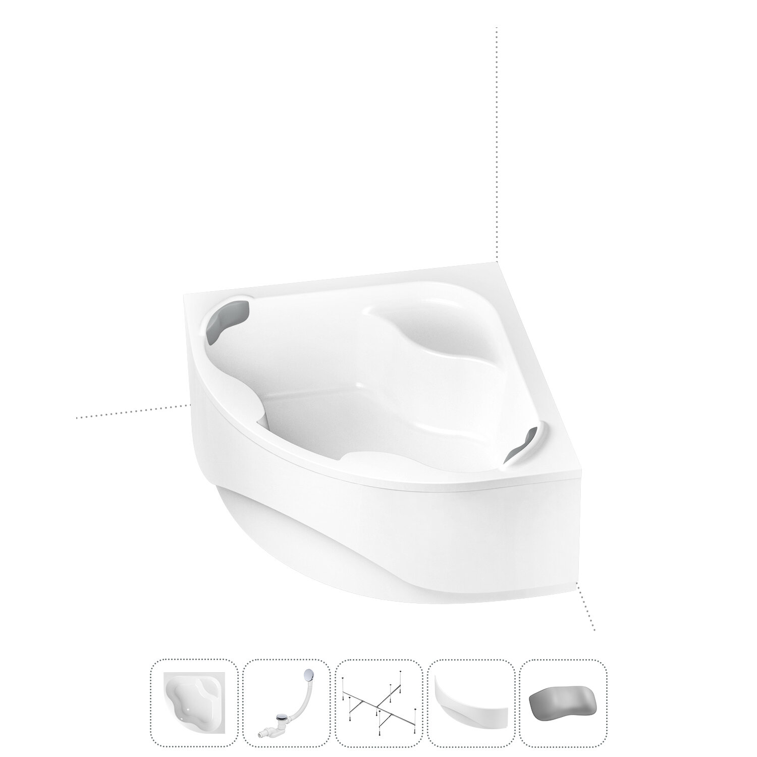 Угловая ванна акриловая 140 x 140 с каркасом и экраном Lavinia Boho Aveo 202011645 в наборе 5 в 1: акриловая ванна, слив-перелив, каркас, экран, подголовник 2 шт.