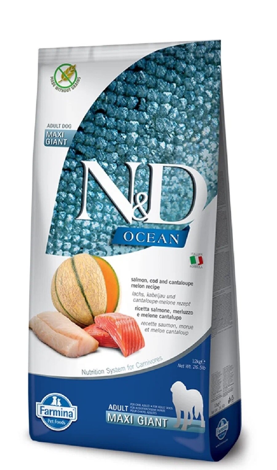 Корм сухой Farmina ND Ocean Dog Cod Cantaloupe Melon Adult GIANT Maxi для взрослых собак гигантских пород лосось треска и дыня 12кг