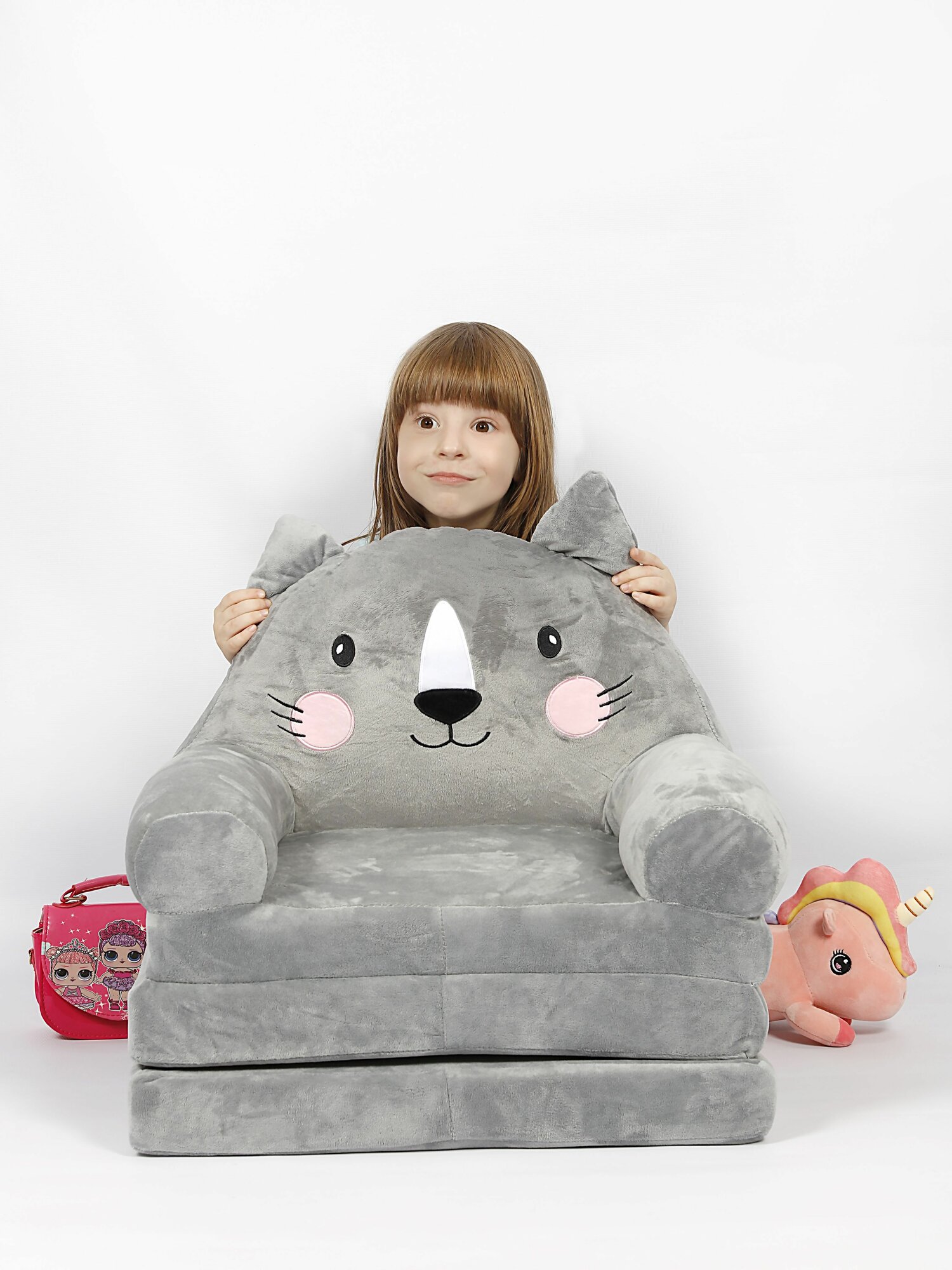 Кресло детское мягкое диванчик трансформер Серый Кот-QINFEI