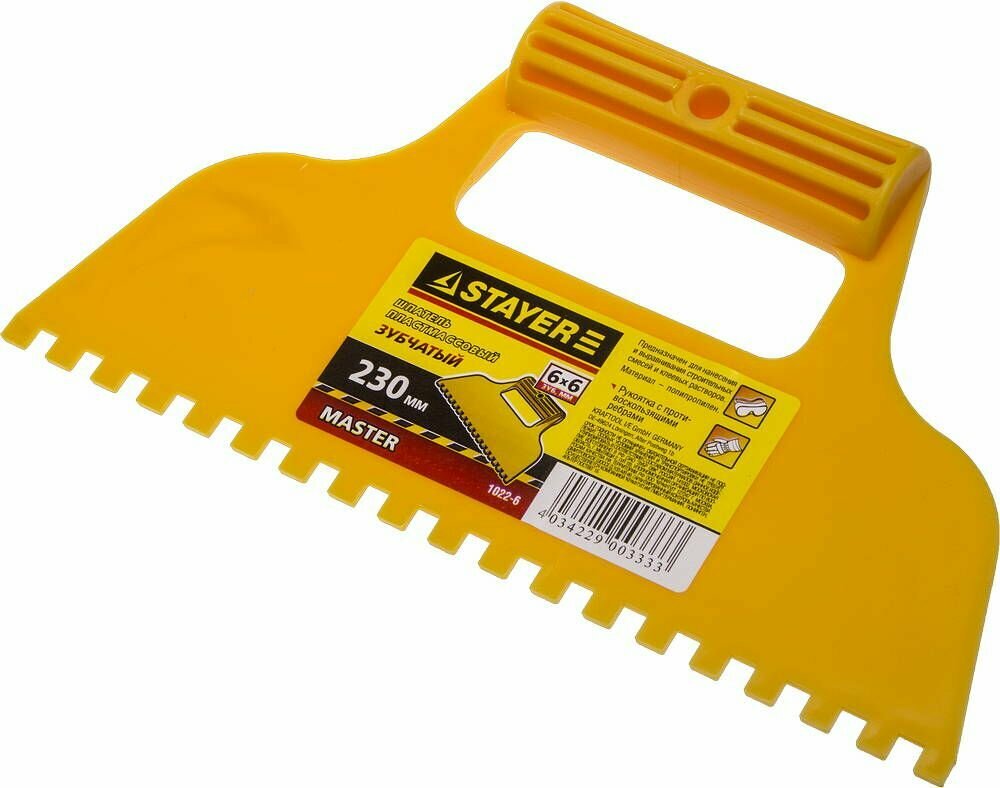 Малярный шпатель STAYER, 230 мм, зубчатый 6х6 мм, пластмассовый 1022-6