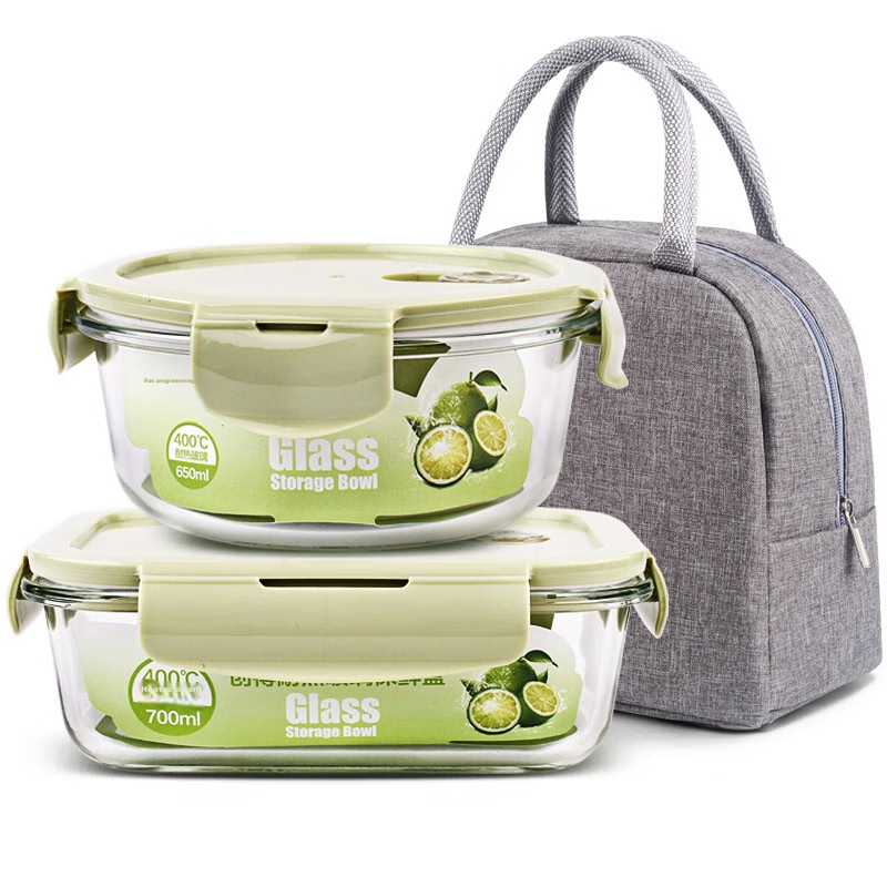 Chuangde Heat-Resistant Glass Food Storage Containers, Microwave And Oven Safe Lunch Boxes for Office Workers, Round 650ml + Long 700ml + Bag