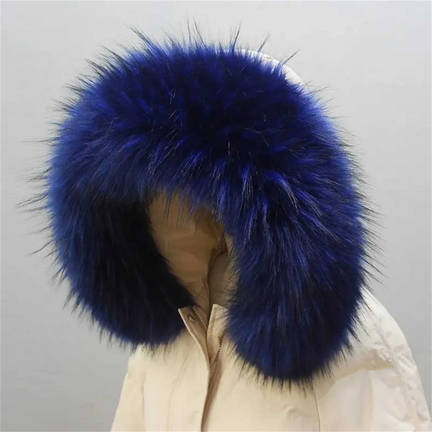 2025 Новые женщины фальшивый мех воротник большой пушистый мужчины женщины мех шарф зима темно-синий с черными советами ракун украшение YT08,200,18, искусственный мех, полиэстер, полиэстер, true