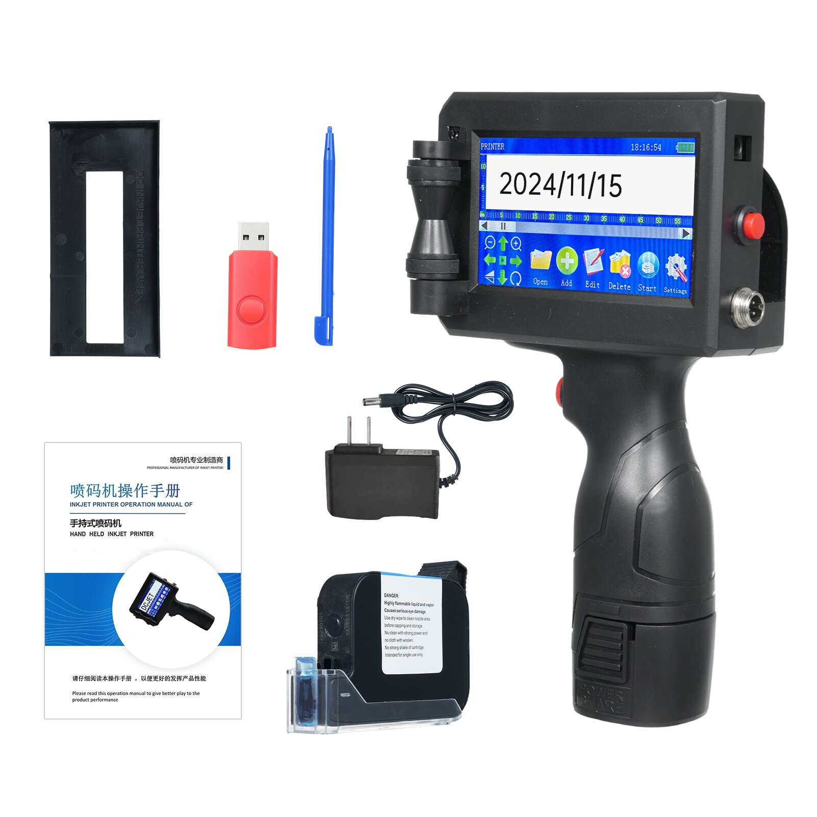 Ручной портативный струйный принтер, 4.3-дюймовый сенсорный экран, быстросохнущие чернила, US Plug