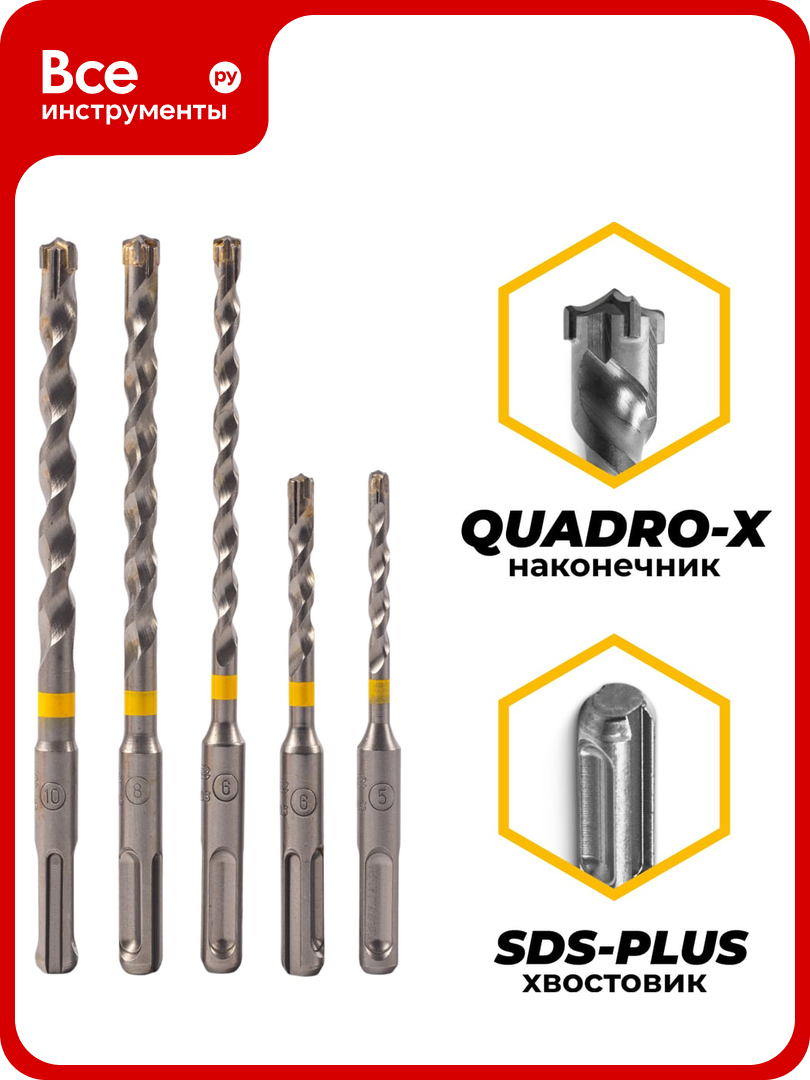 Набор буров по железобетону RAGE Furious 5х110 мм, 6х110 мм, 6х160 мм, 8х160 мм, 10х160 мм, SDS-plus Quadro-X 567005