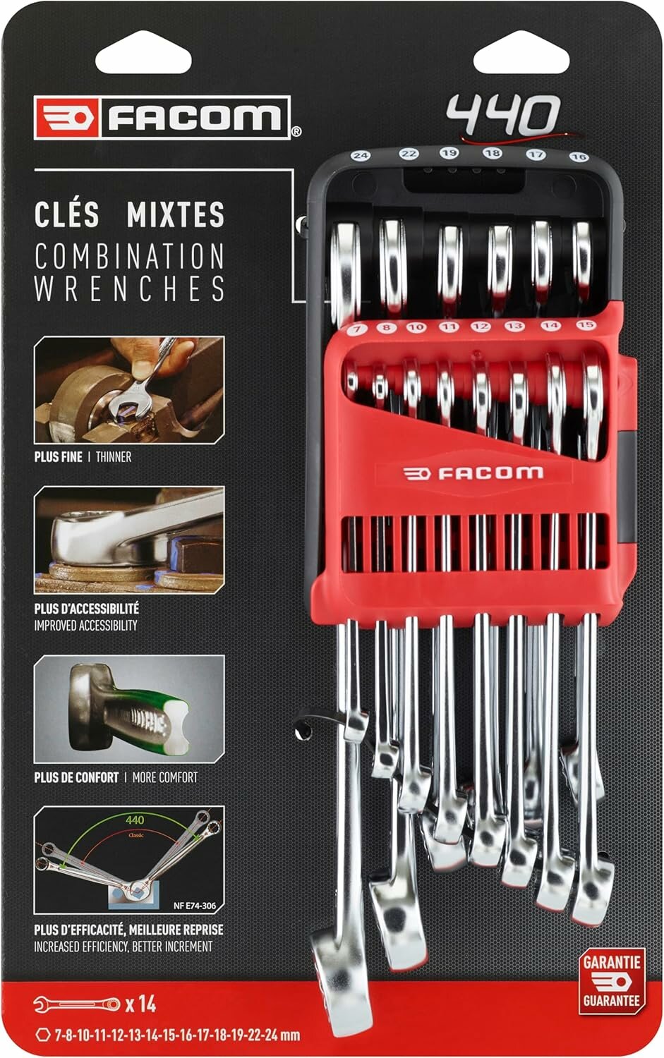 Набор из 14 комбинированных ключей с реверсивными храповиками со стопорным кольцом Facom 440. JP14PB 14 штук