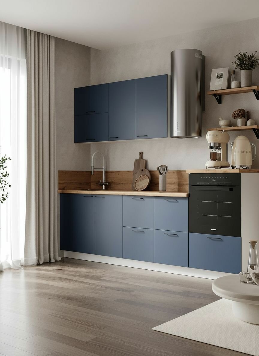 ARNIKA Кухонный гарнитур со столешницей "Дакия" 2,55м х 2,4м, цвет ежевика (синий), фасад пленка ПВХ