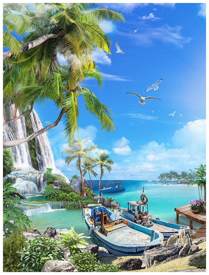 Фотообои Уютная стена "Лодки у сказочного пляжа" 200х270 см Бесшовные Премиум (единым полотном)