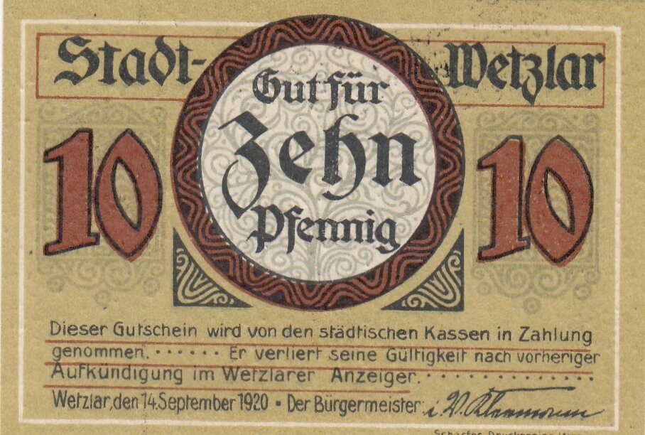 Германия (Веймарская Республика) Вецлар 10 пфеннигов 1920 г. (4)