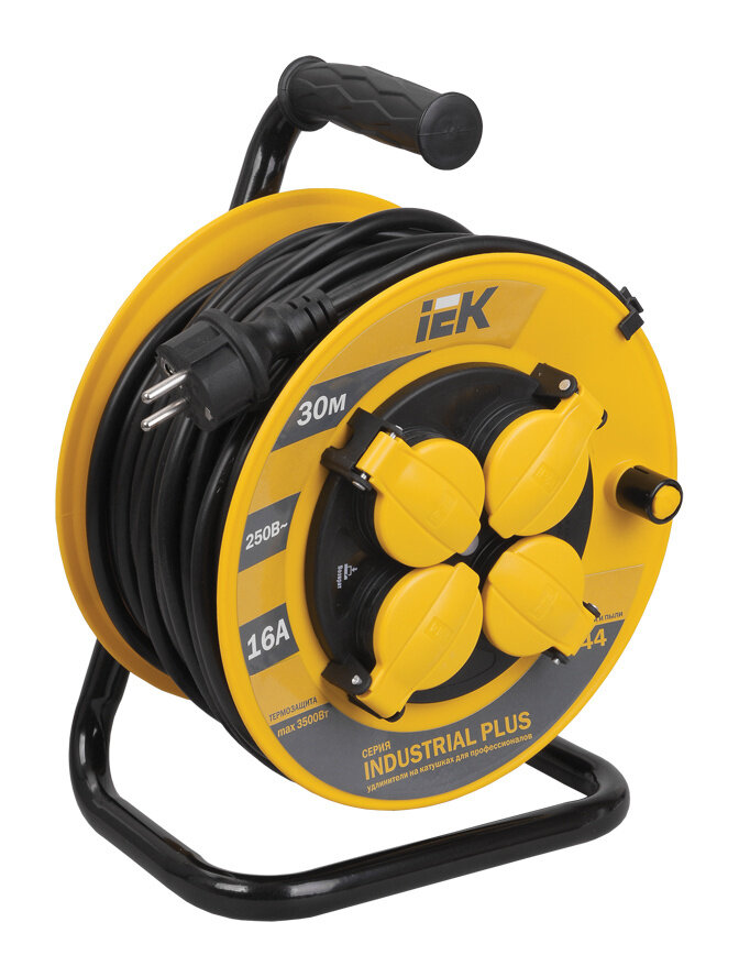 Удлинитель силовой IEK INDUSTRIAL PLUS 3х1.5 мм2, 4 розетки, длина 30 м, ПВС 16A, катушка, желтый (WKP15-16-04-30-44)