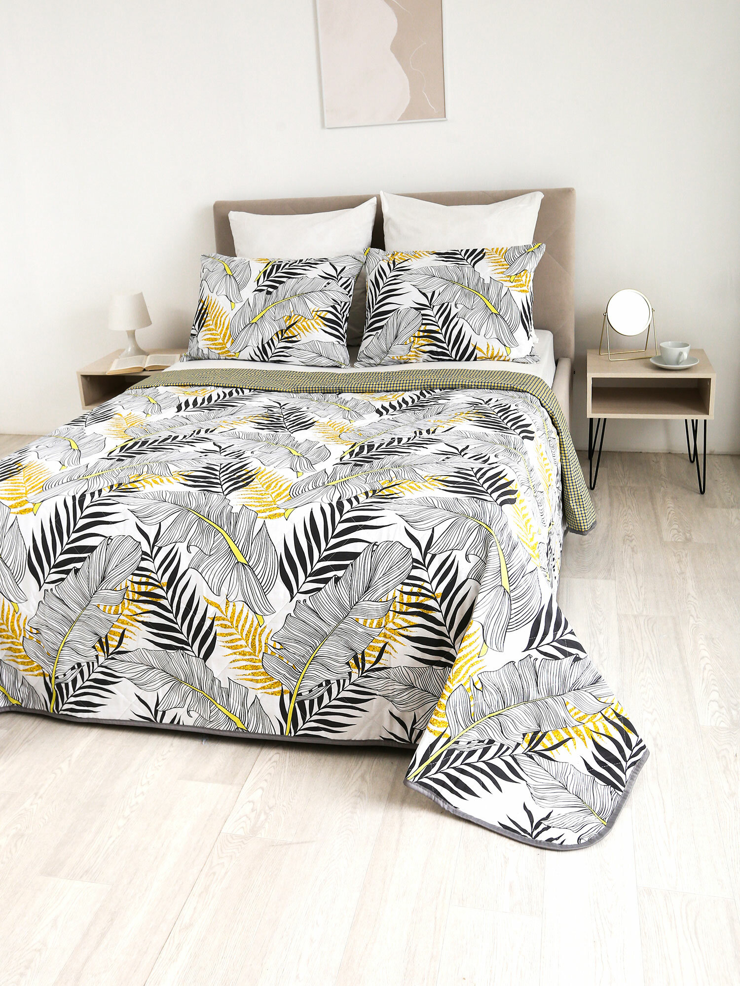 Стеганое двухстороннее покрывало из поплина PB-020 Elintale (серый-зеленый), 150x215