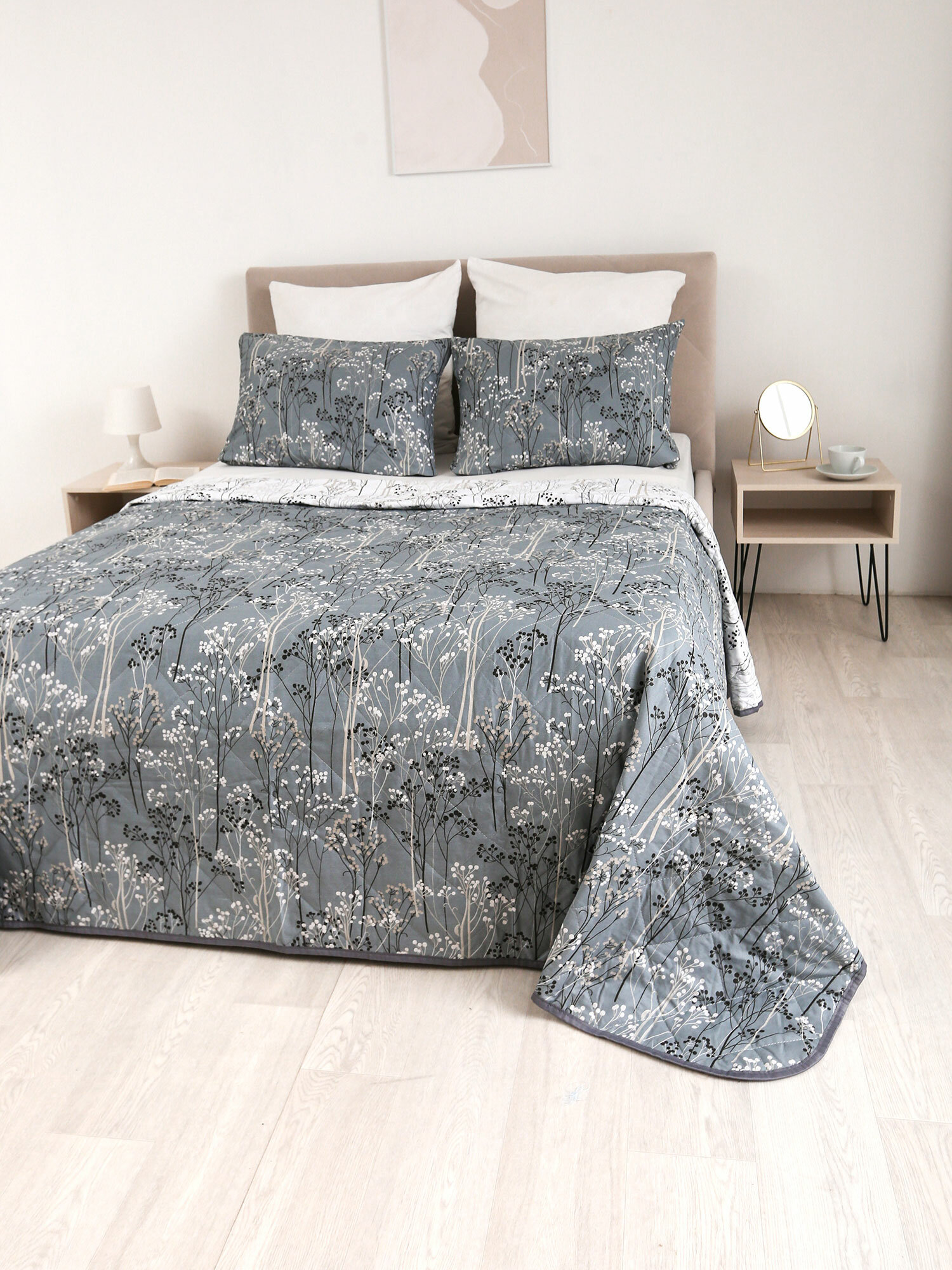 Двухстороннее стеганое покрывало из поплина PB-023 Elintale (кремовый-серый), 180x215