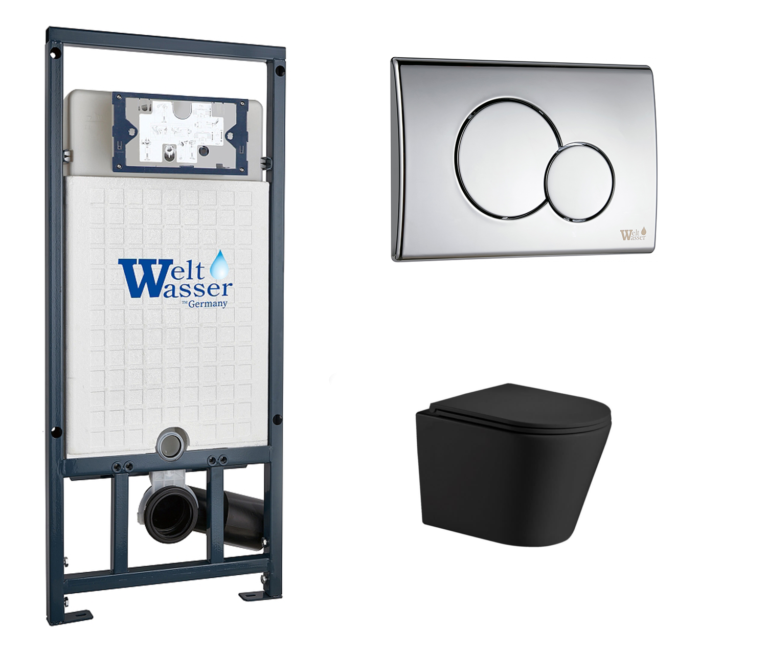 Комплект 3 в 1 инсталляция WeltWasser WW Marberg 507 + Подвесной унитаз WeltWasser Salzbach 043 MT-BL черный с кнопкой хром RD 10000005949 + 10000005952 + 10000008258