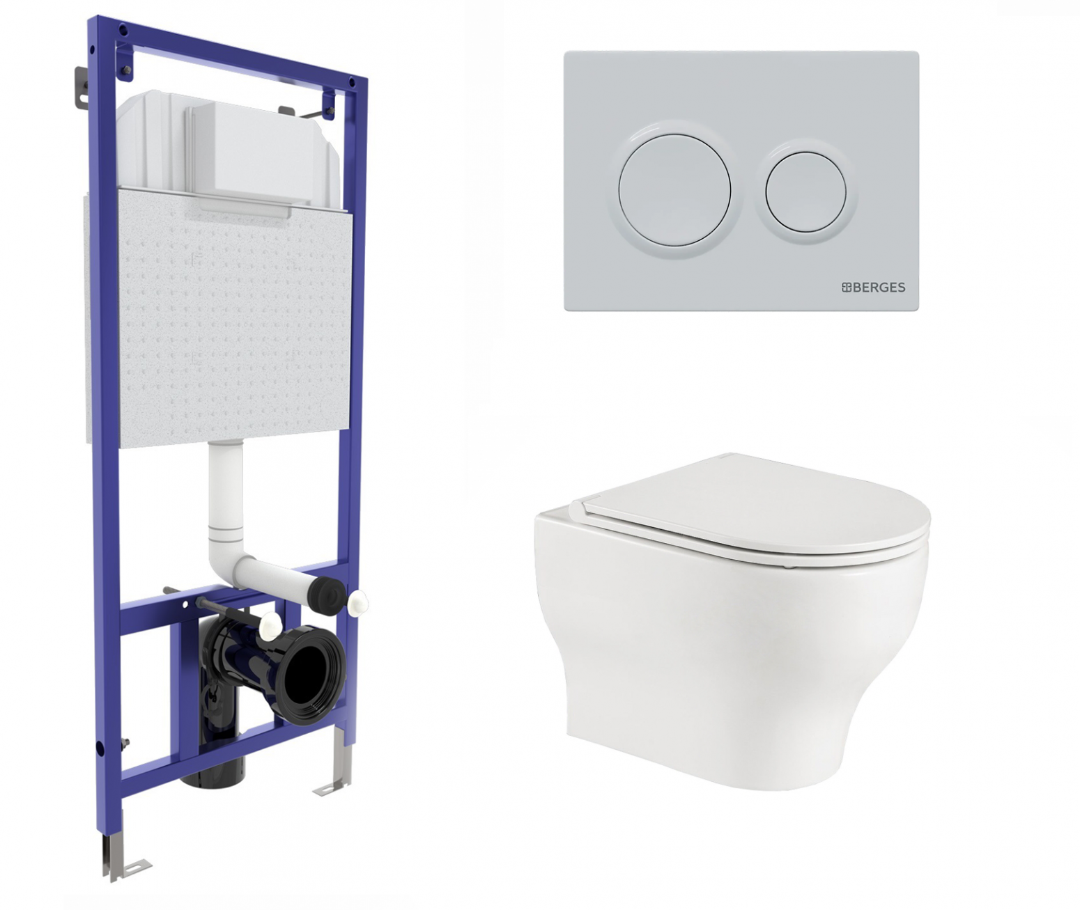 Комплект 3 в 1 инсталляция Berges Novum O4 + Подвесной унитаз WeltWasser Erlenbach 004 GL-WT с кнопкой белой