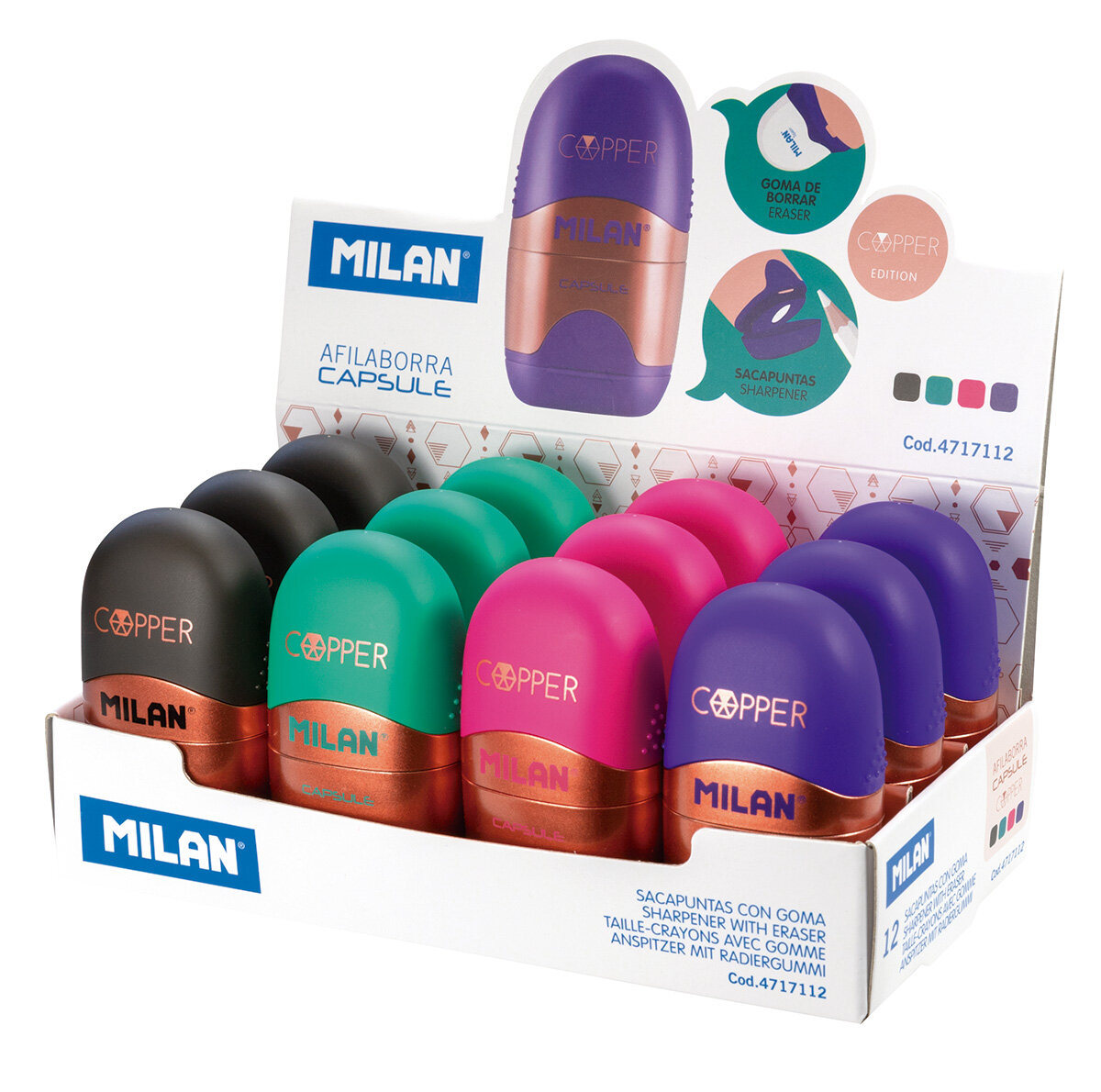 Milan Ластик-точилка Capsule Cooper 1 отверстие 4717112-ZQ07 Ассорти для школьной канцелярии
