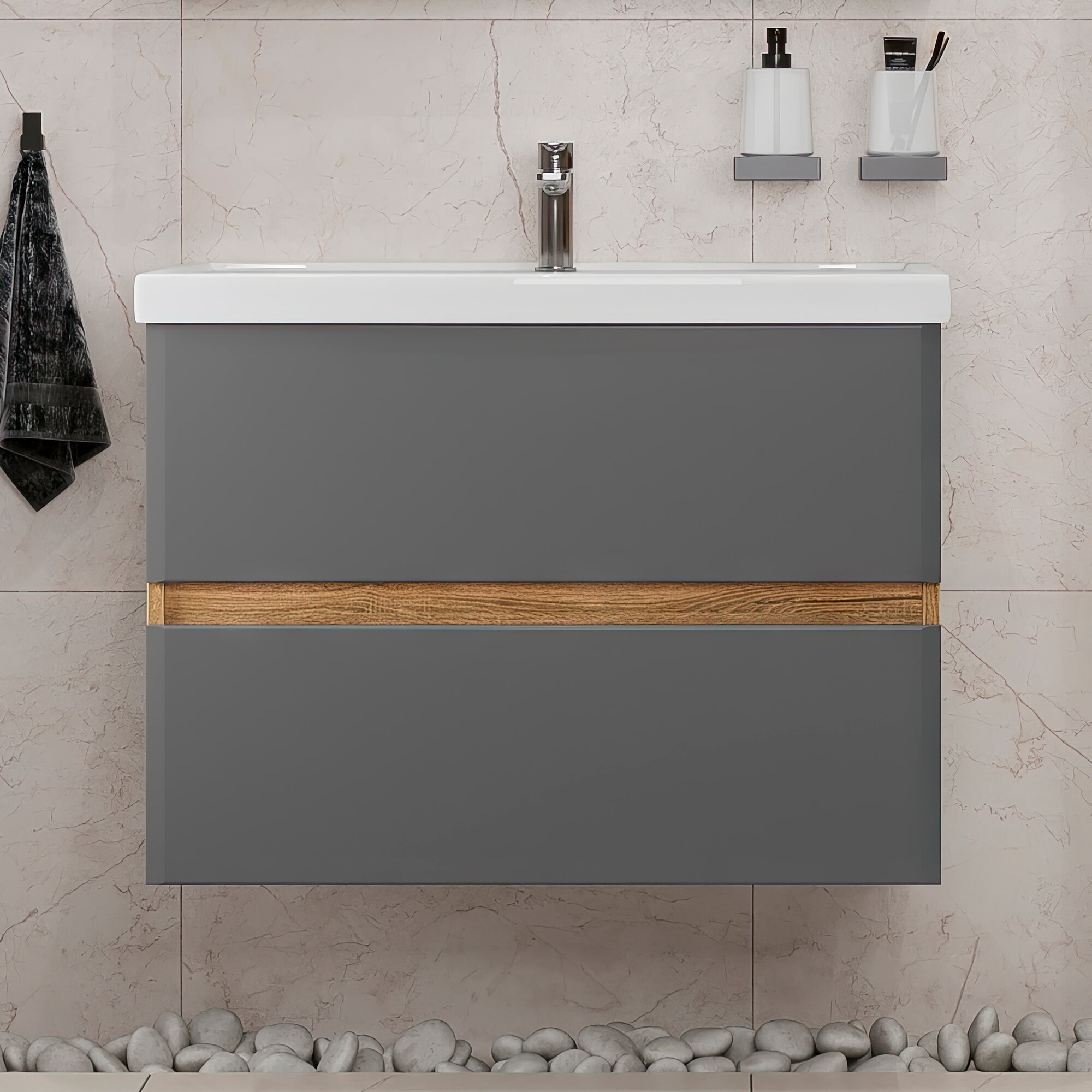 Тумба подвесная SanStar Graffa 70 с раковиной Фостер 70 (комплект) для ванной комнаты Дуб вотан, графит софт