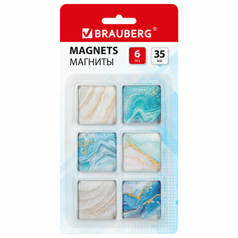Магниты квадратные стеклянные 35 мм, набор 6 шт, Мрамор, BRAUBERG Glass, блистер, 272512