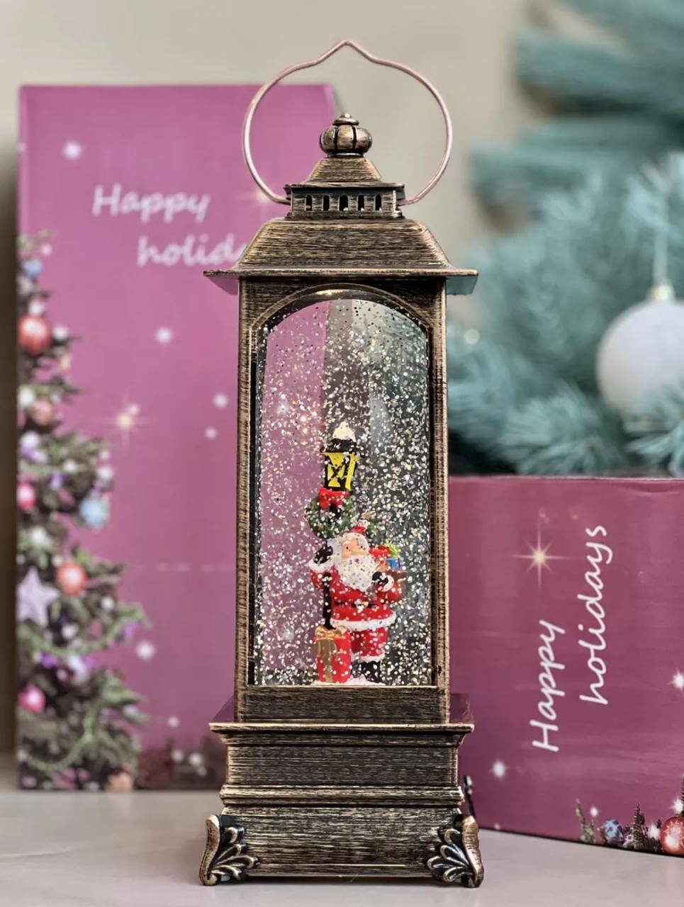 Новогодний фонарь со снегом, подсветкой и музыкой длинный