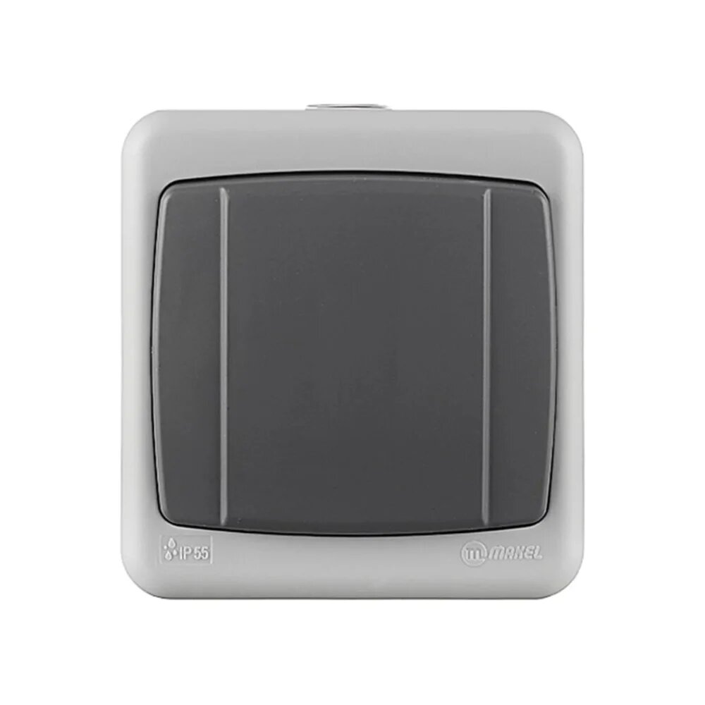 Выключатель MAKEL одноклавишный о/у серый IP55, Соответствует всем нормам техники безопасности